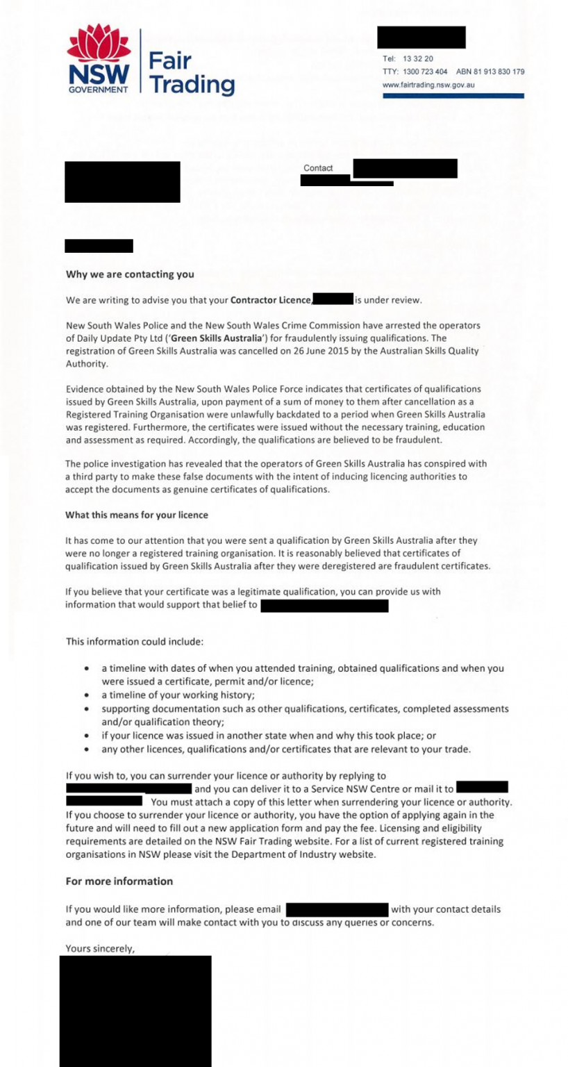 Green Skills Australia: NSW Fair Trading contractor licences